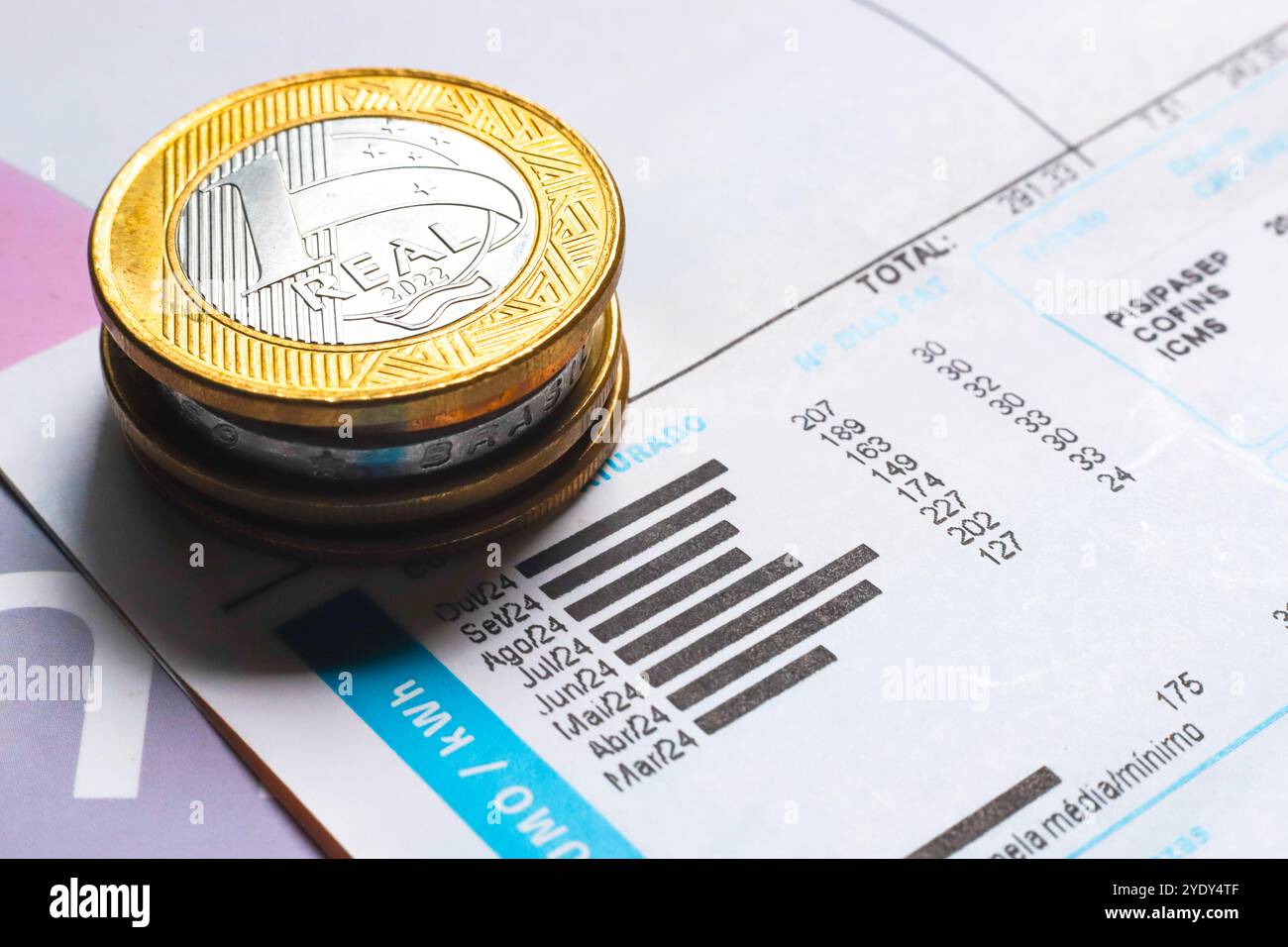October 29, 2024, Brazil. An electricity bill and one real coin ...