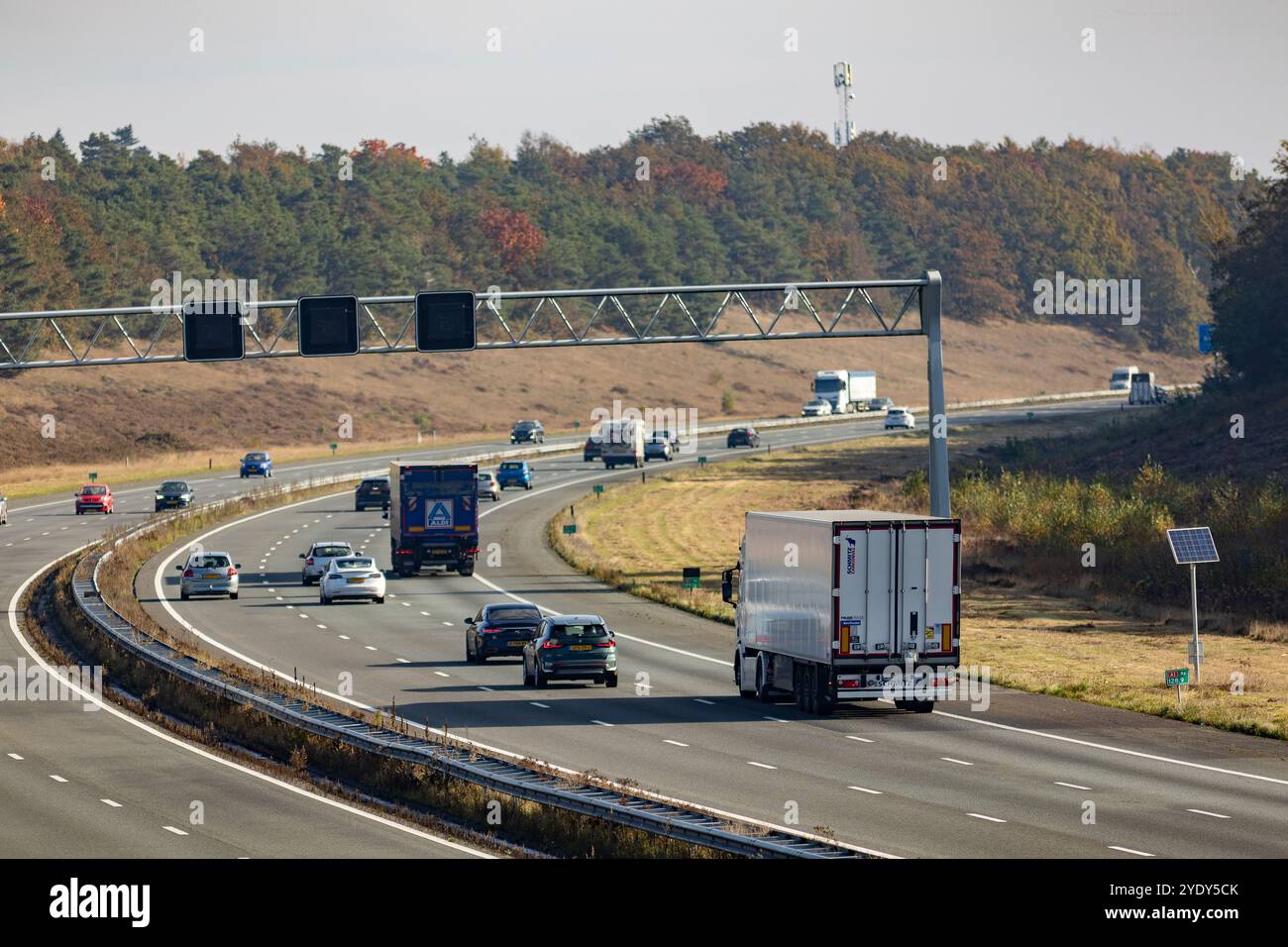Dutch six lane highway with a few cars seen from above with ...