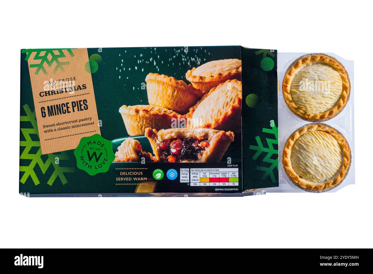 box of Waitrose Christmas 6 mince pies opened to show contents isolated ...
