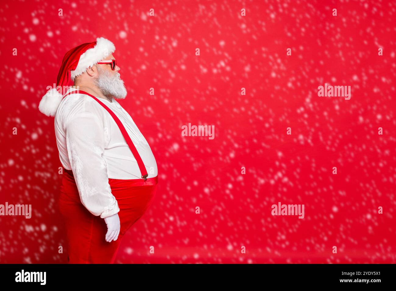 Profile side photo of white gray hair fat overweight santa claus with ...