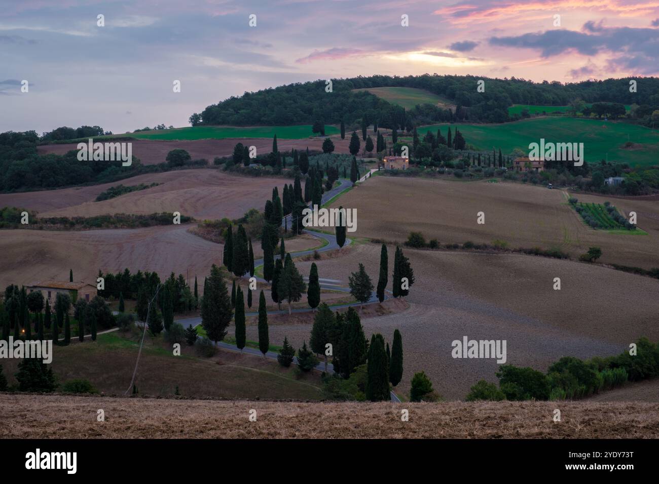 The landscape reveals rolling hills with cypress trees the scene hi-res ...