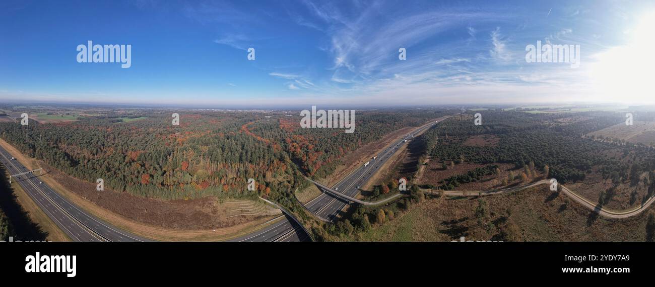 Wide panorama with wildlife crossing green corridor bridge for animals ...