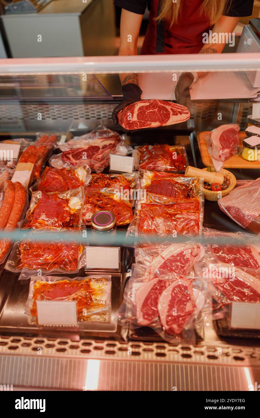 A vibrant Fresh Meat Selection beautifully arranged in a Butcher Shop ...