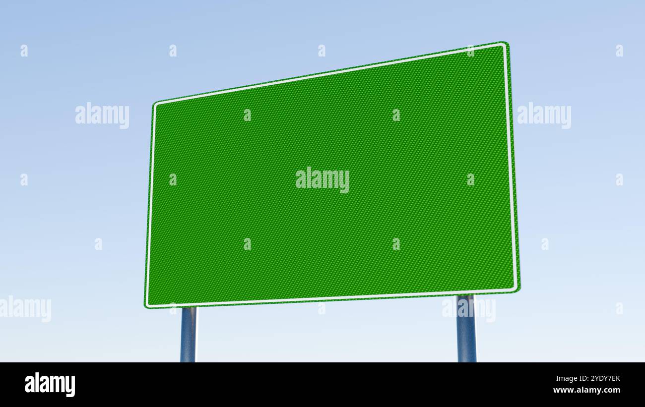 Blank green sign board, with white border, on a blue sky background ...