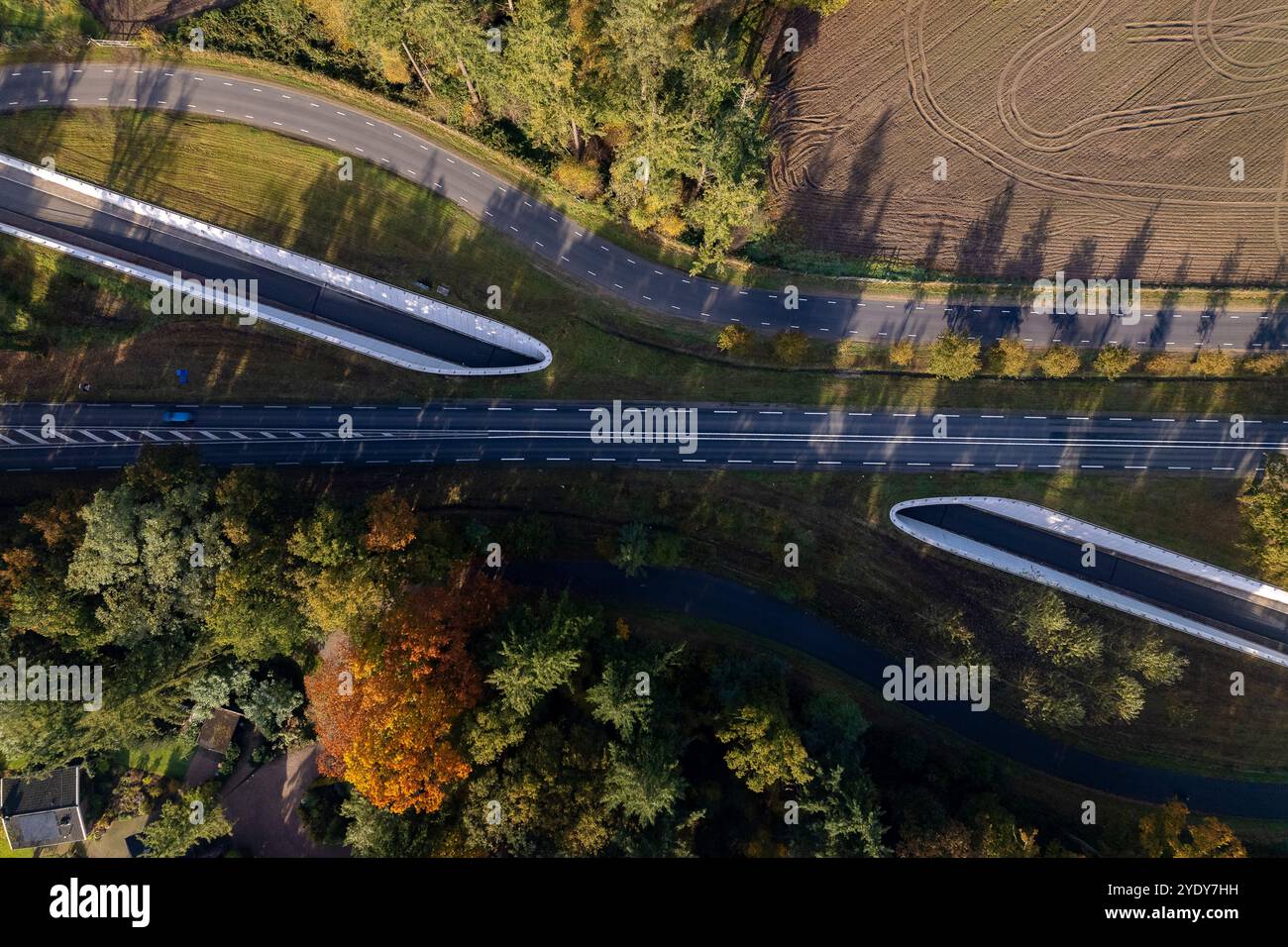 Aerial top down view bike path underneath motorway. Graphic Dutch ...