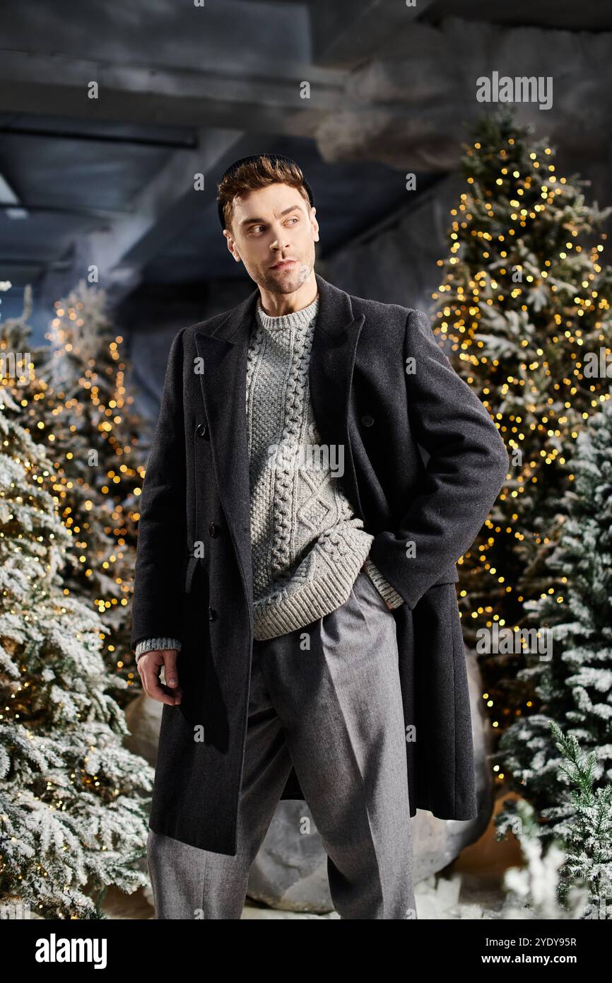 A dapper gentleman dressed in winter attire stands gracefully among ...