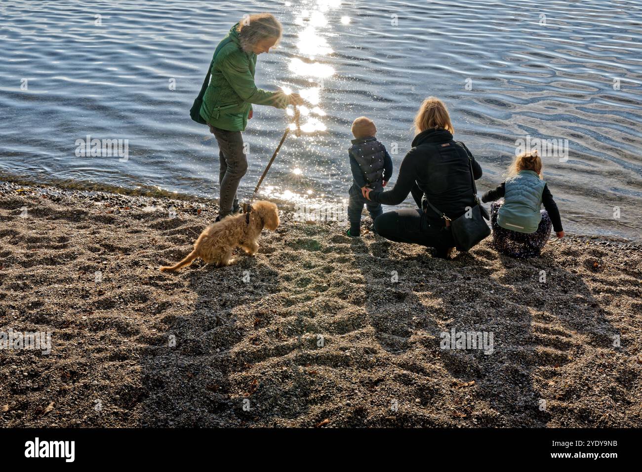 In der milden Herbstsonne. Die junge Familie mit Oma und Hund am See ...