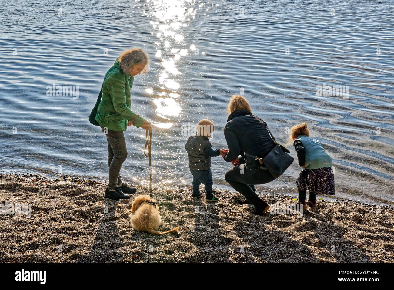 In der milden Herbstsonne. Die junge Familie mit Oma und Hund am See ...