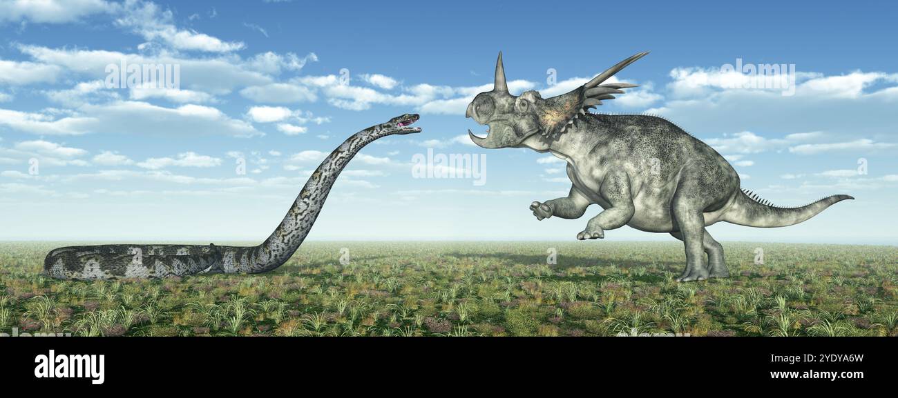 Giant snake Titanoboa and dinosaur Styracosaurus Stock Photo - Alamy