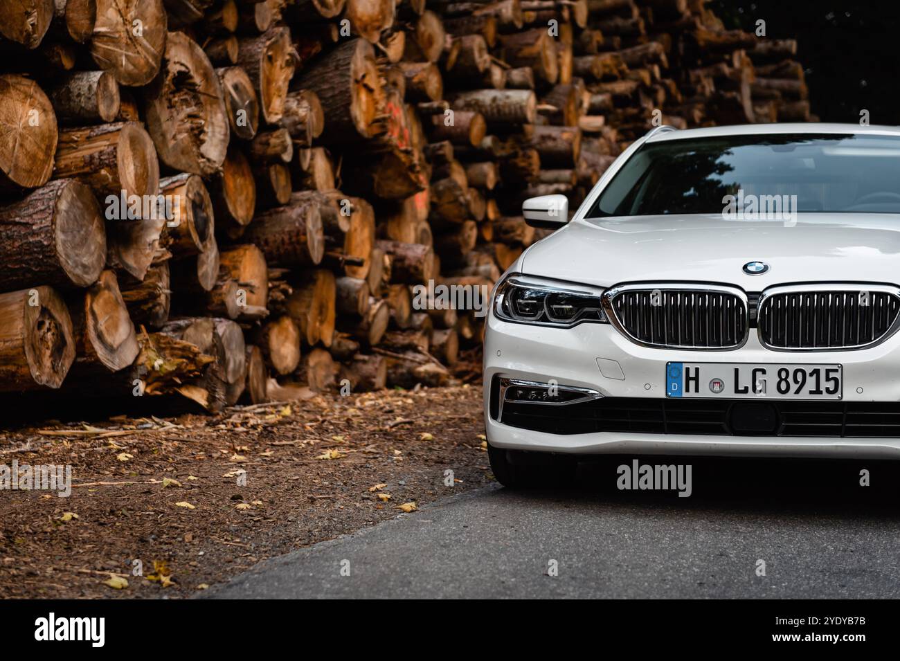 White Bmw 5 Series Touring Near A Pile Of Logs Front Right Corner View