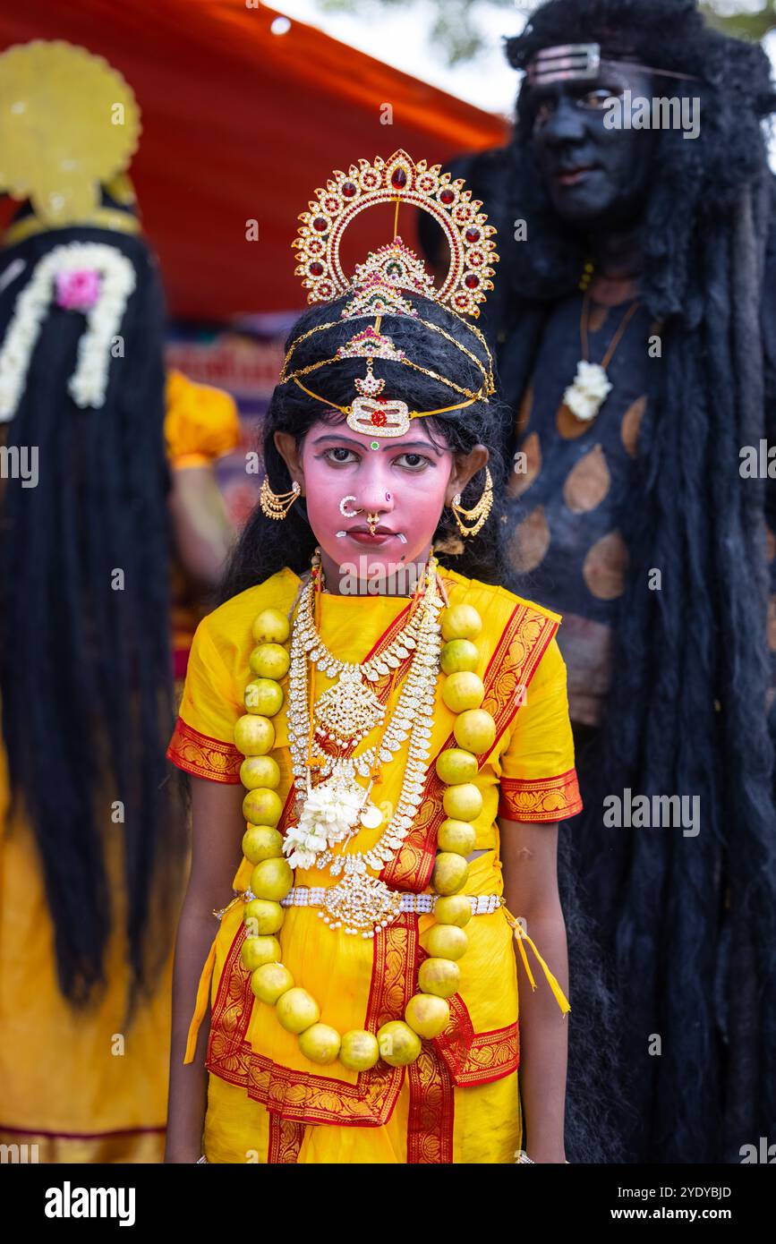 Kulasai Dasara, Portrait of indian hindu devotee with painted face and ...