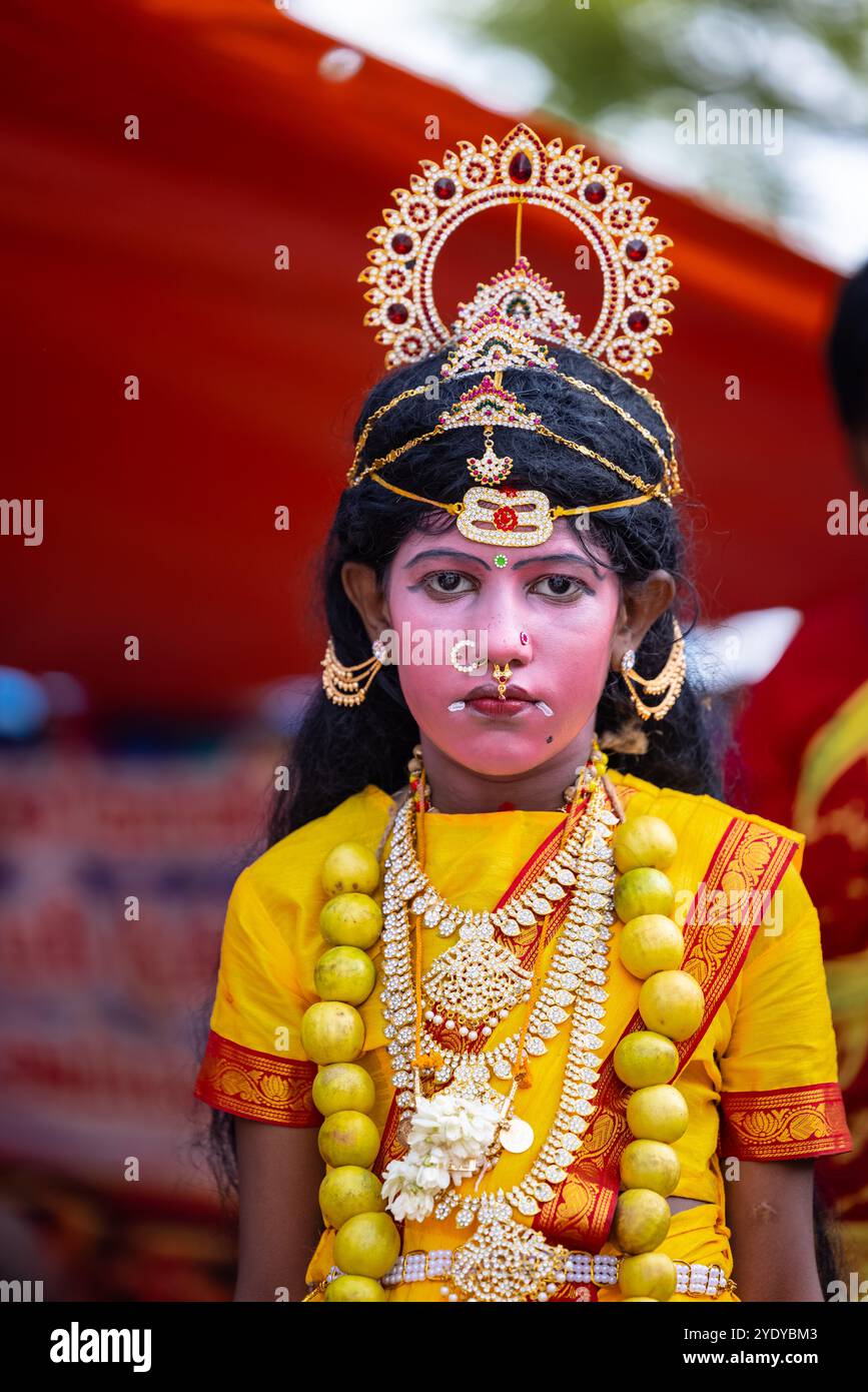 Kulasai Dasara, Portrait of indian hindu devotee with painted face and ...