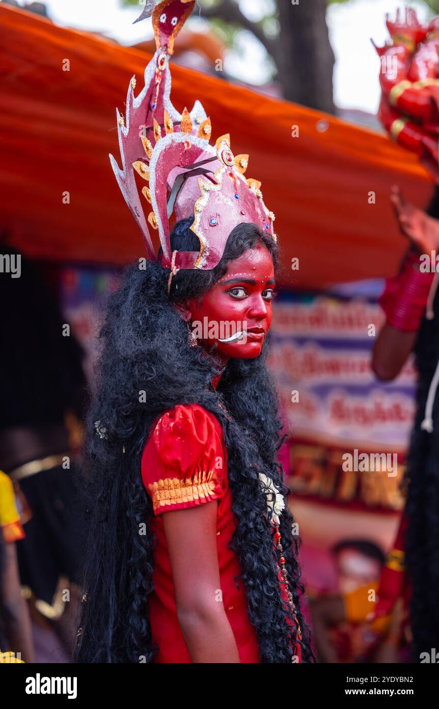 Kulasai Dasara, Portrait of indian hindu devotee with painted face and ...