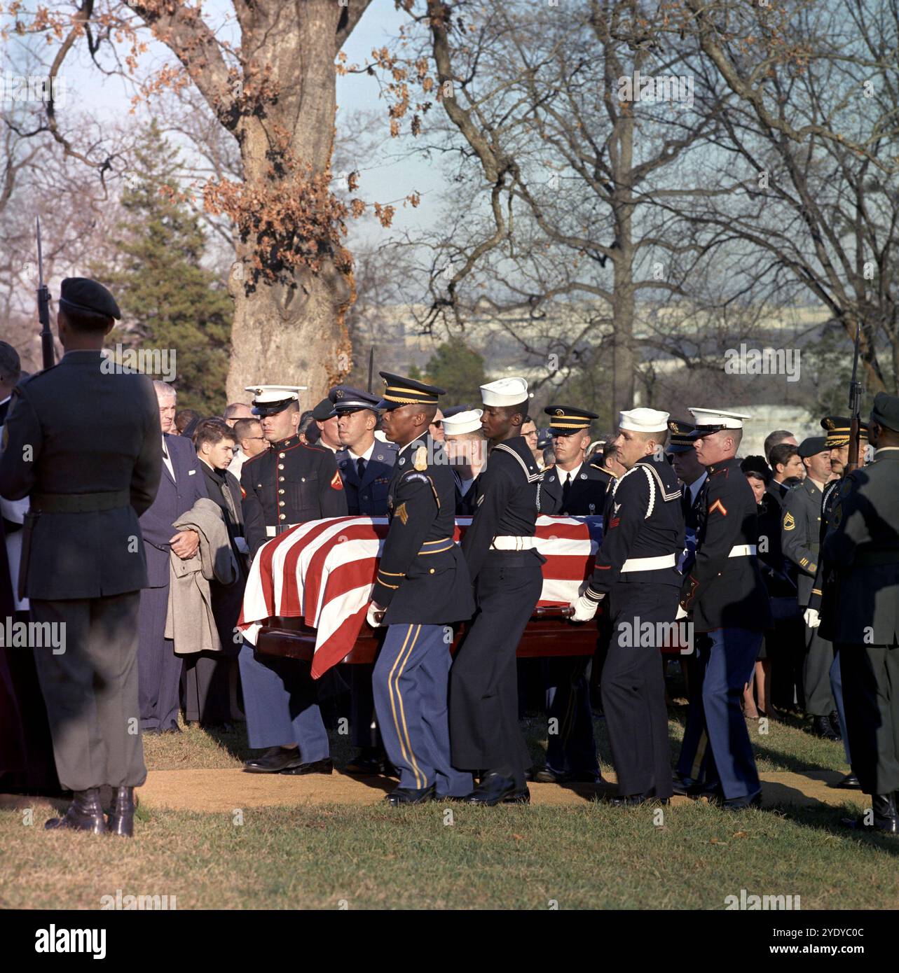 Honor guard pallbearers carrying flag-draped casket of U.S. President ...