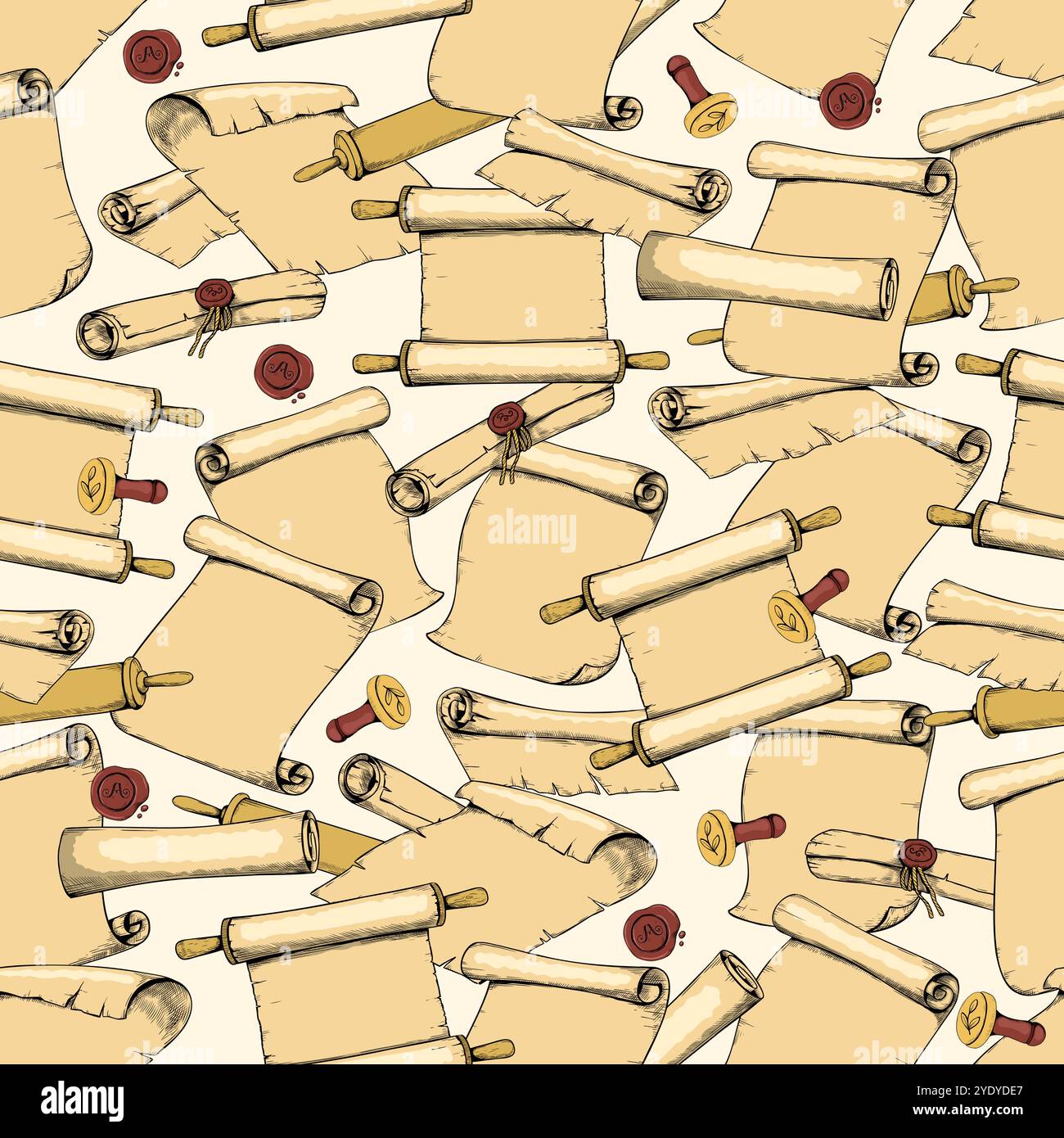 Old book. Paper scrolls seamless pattern. Ancient papyrus. Parchment with wax seal. Repeated ...