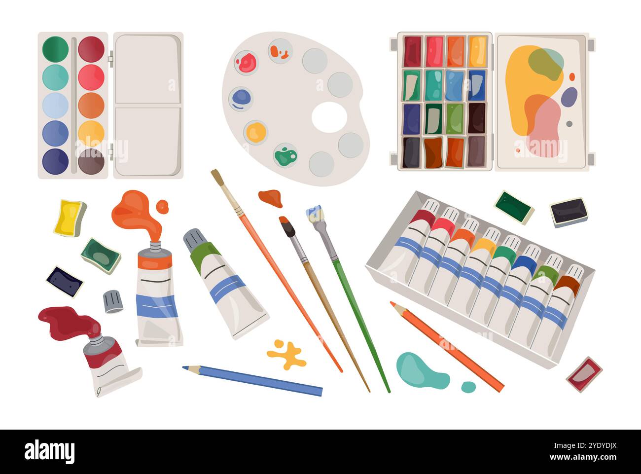 Art tools. Paint brush, artist supply for craft, pencil draw elements ...