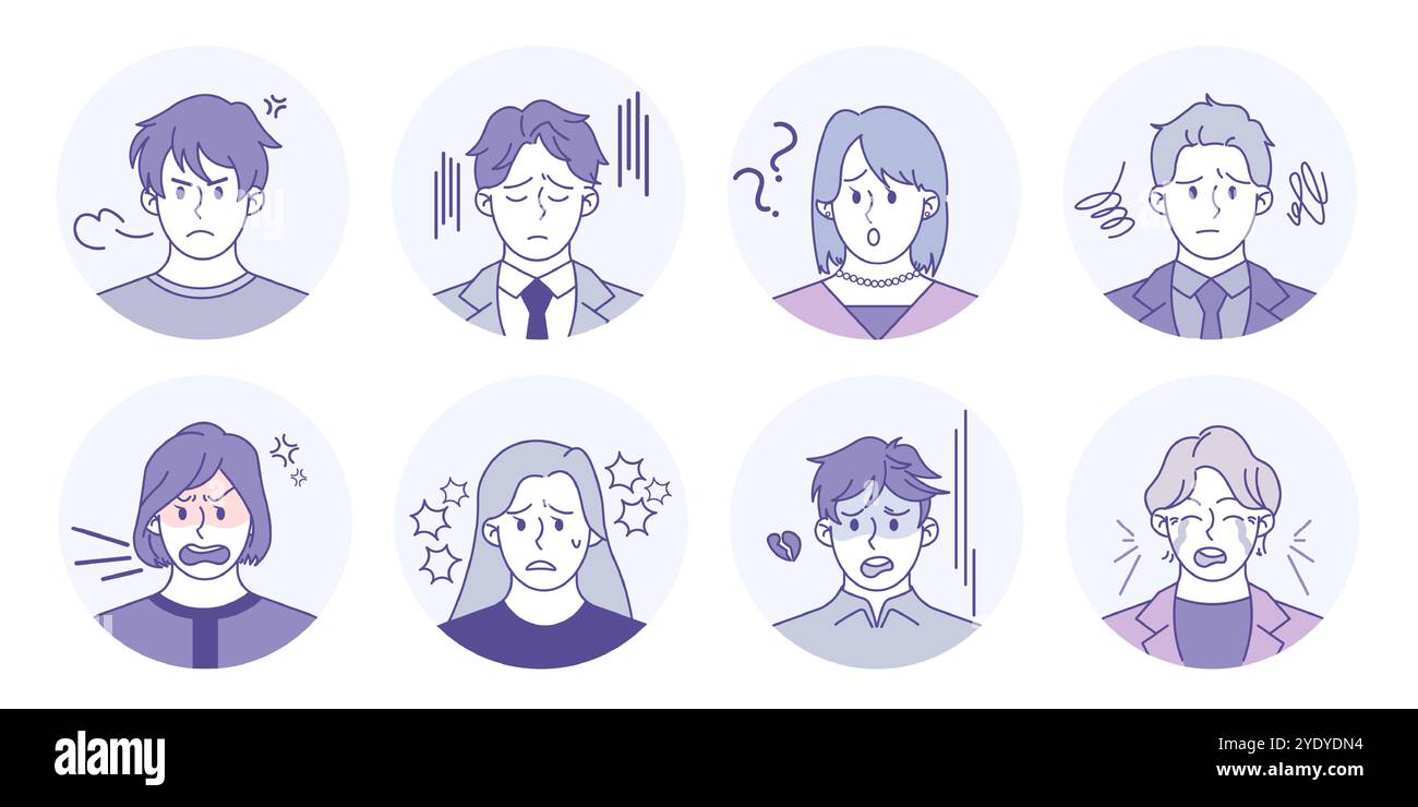 Worry icons. Sad person. Office trouble. Male or female think ...