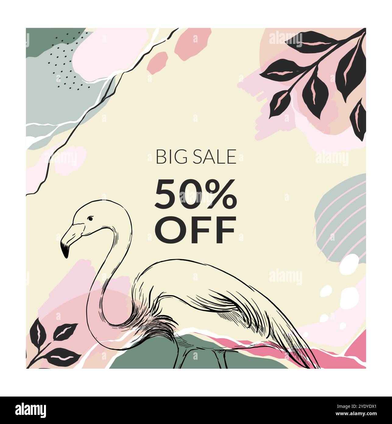 Sale banner. Shopping discount. Flamingo and flowers sketch. Online ...
