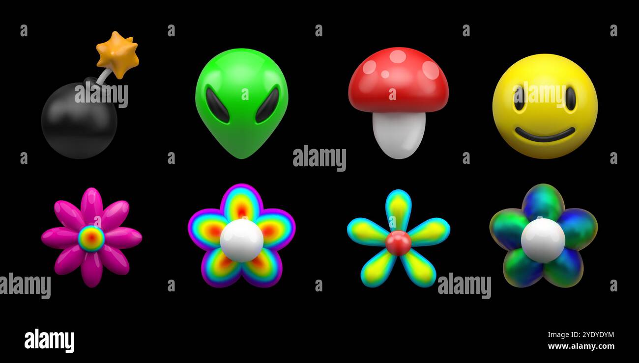 3D emoji. Y2K flower stickers. Alien face. Light bomb. Mushroom and ...