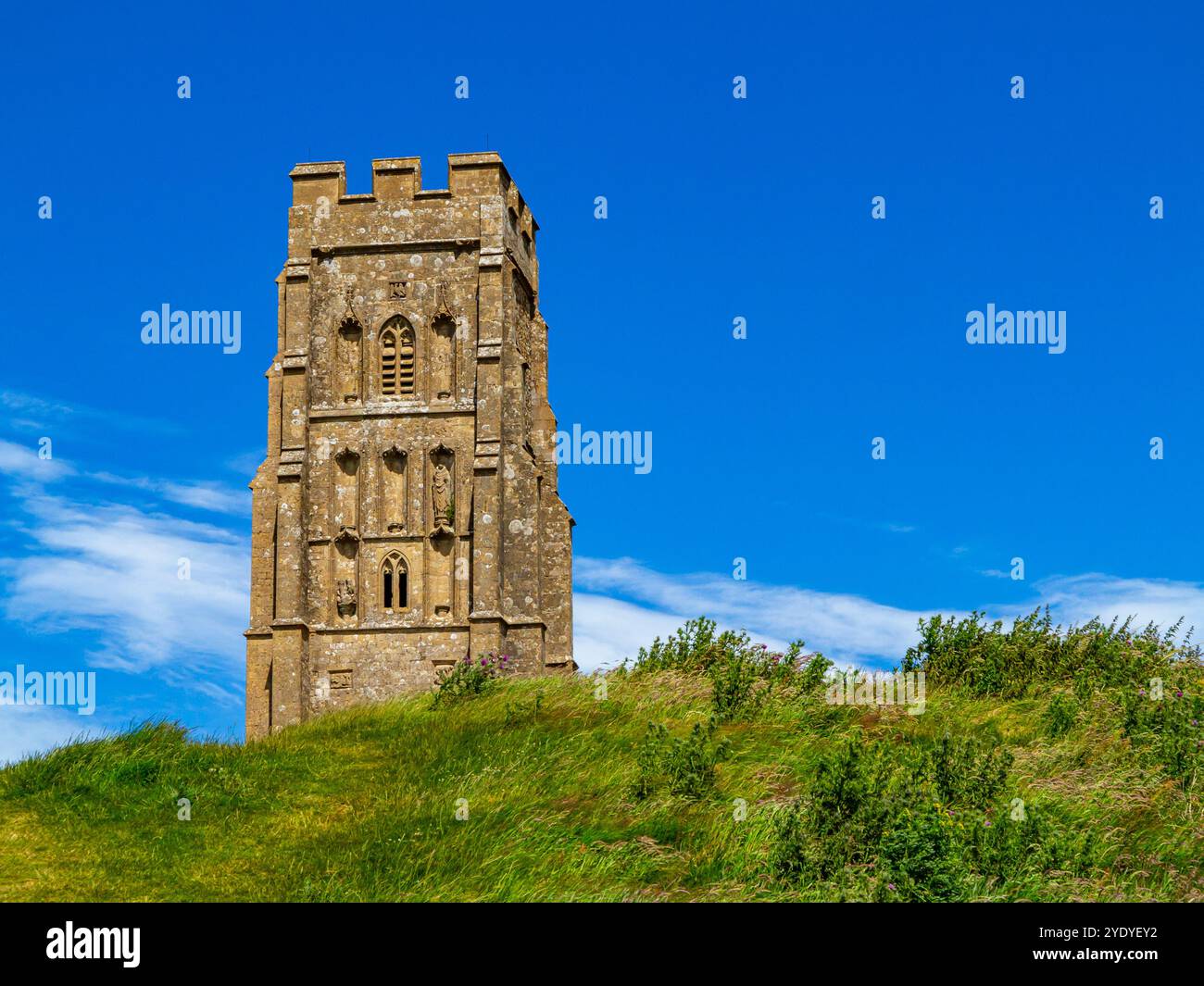 The tower of St Michael's Church on Glastonbury Tor in summer Somerset ...