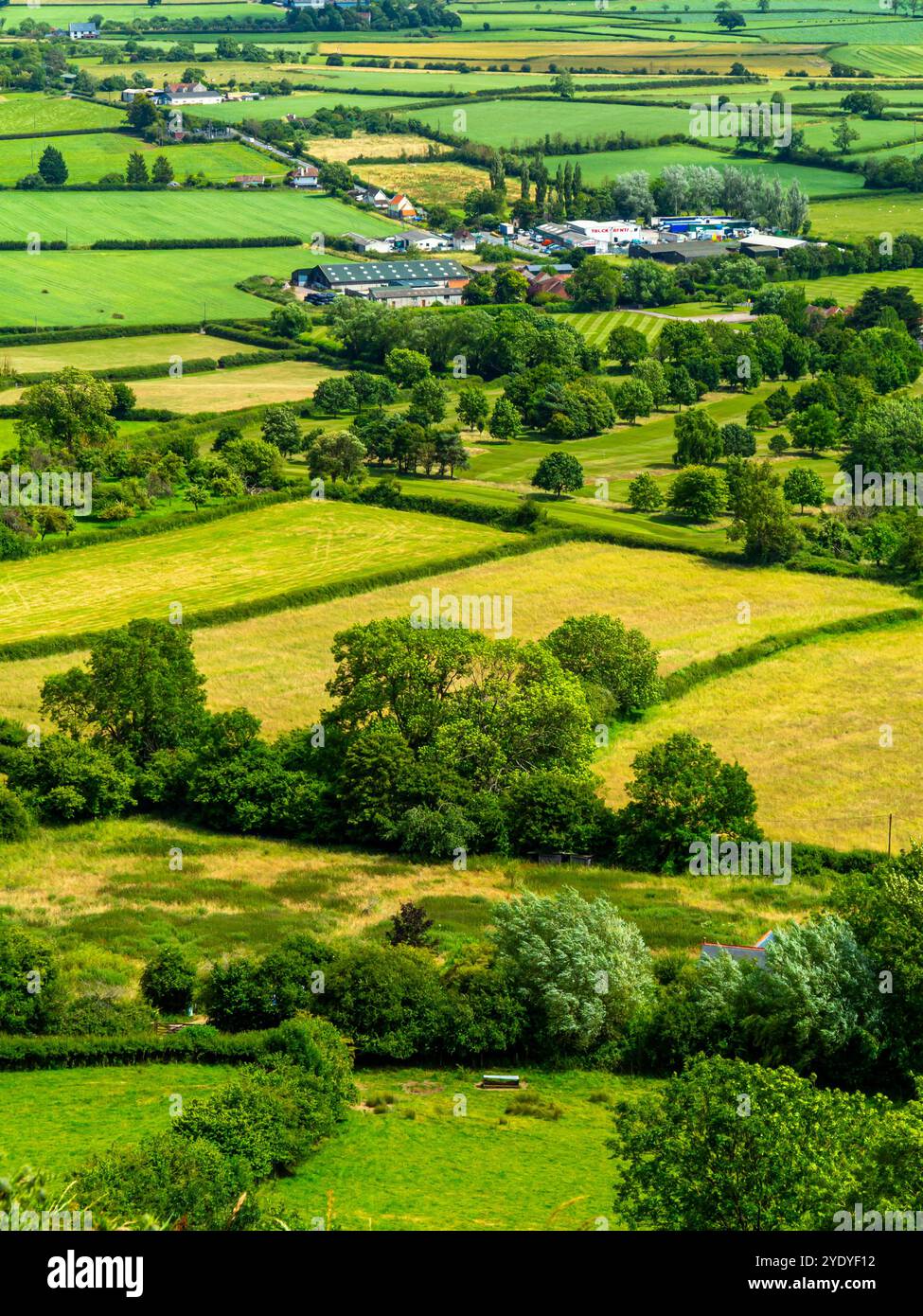 View over the Somerset landscape in summer from Glastonbury Tor south ...