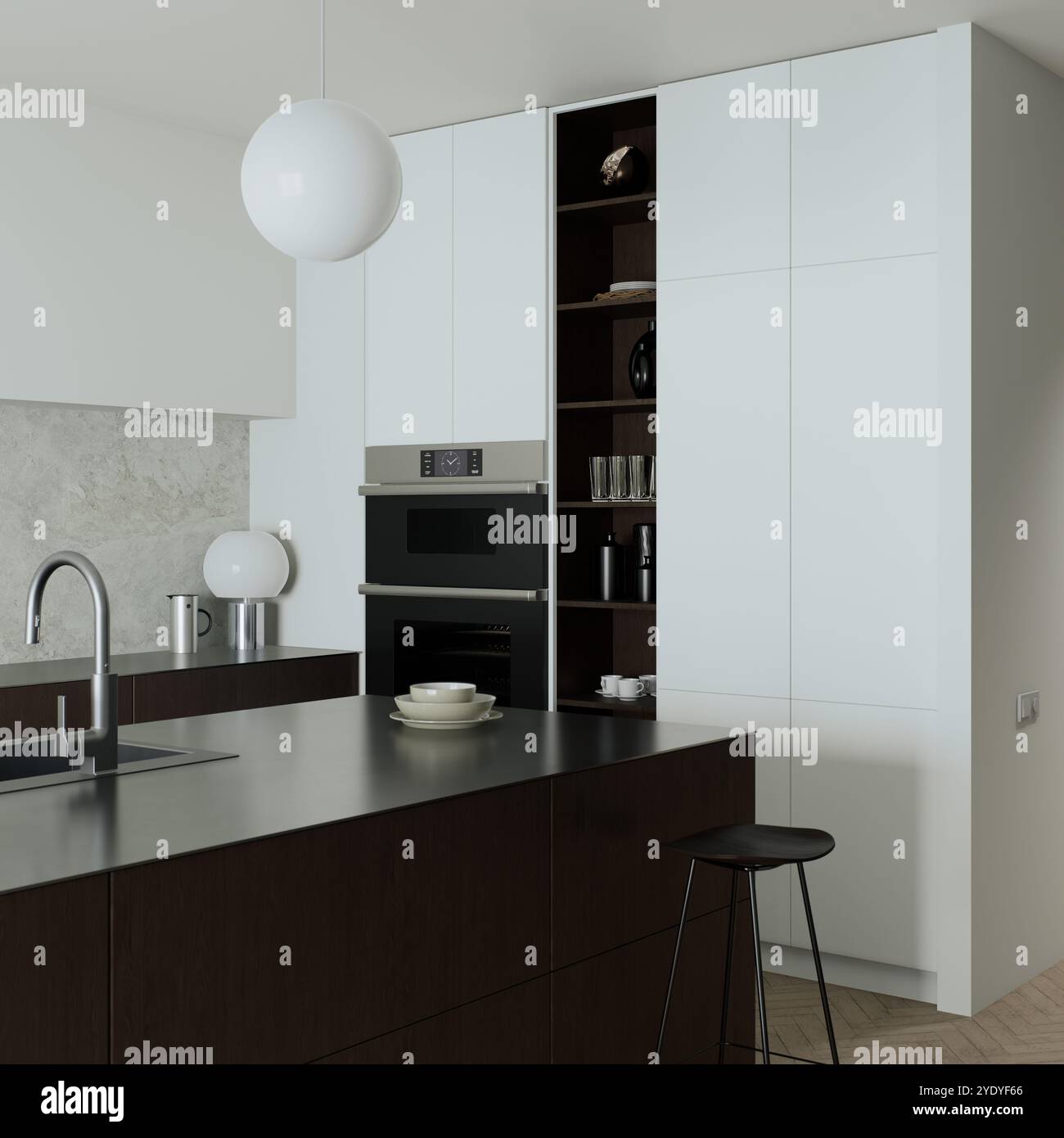 A modern kitchen featuring a sleek design alongside a minimalist ...