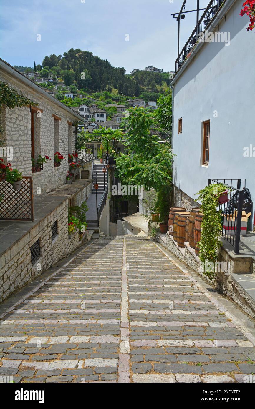 A quiet side road in Gjirokaster Bazaar, an historic marketplace known ...