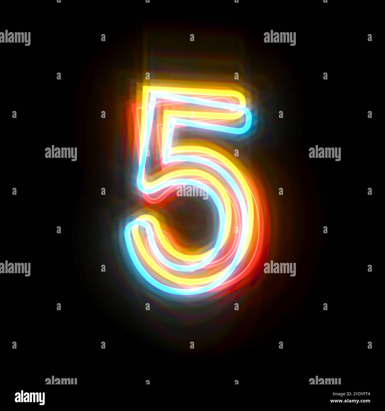 Three colors neon font Number 5 FIVE 3D rendering illustration isolated ...