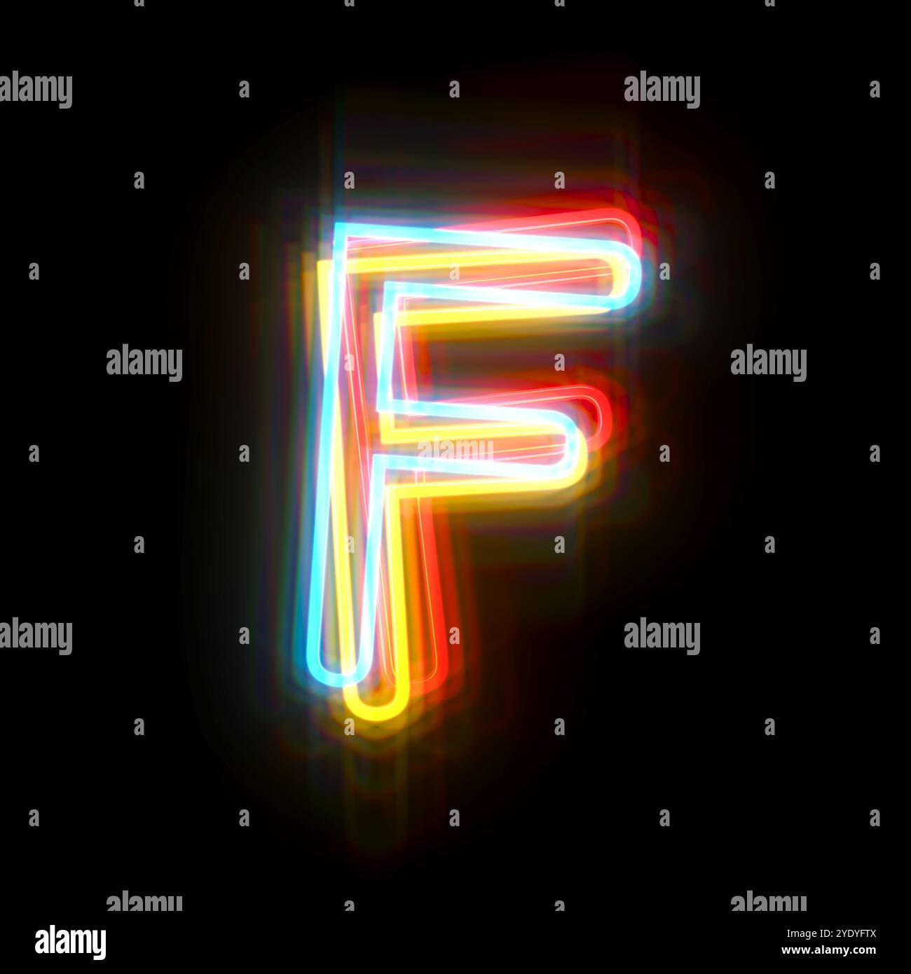 Three colors neon font Letter F 3D rendering illustration isolated on ...
