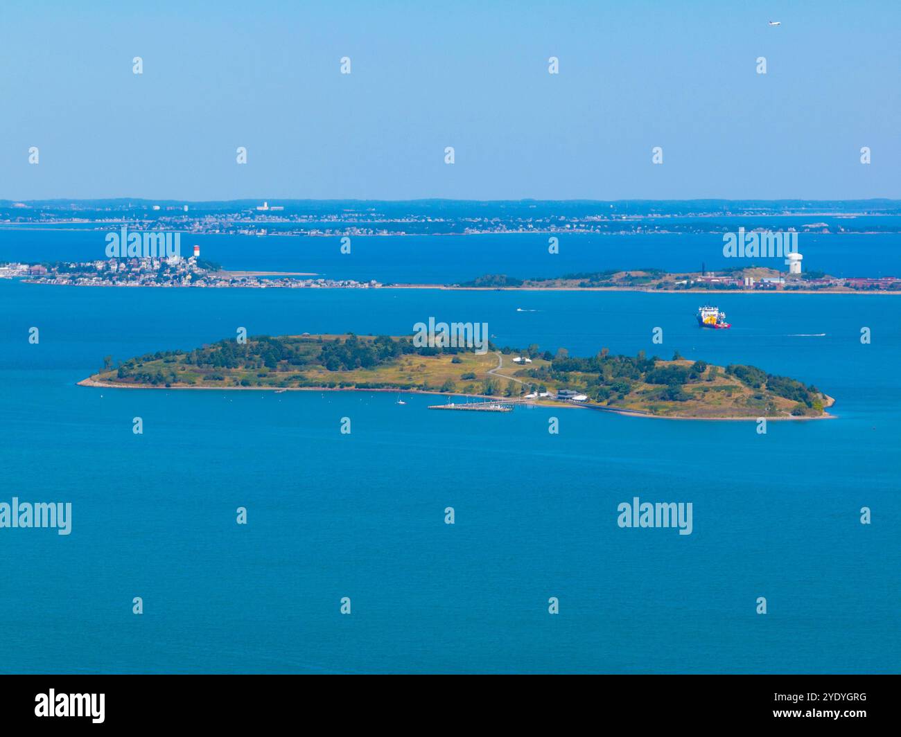 Spectacle Island aerial view with Winthrop town at the background ...