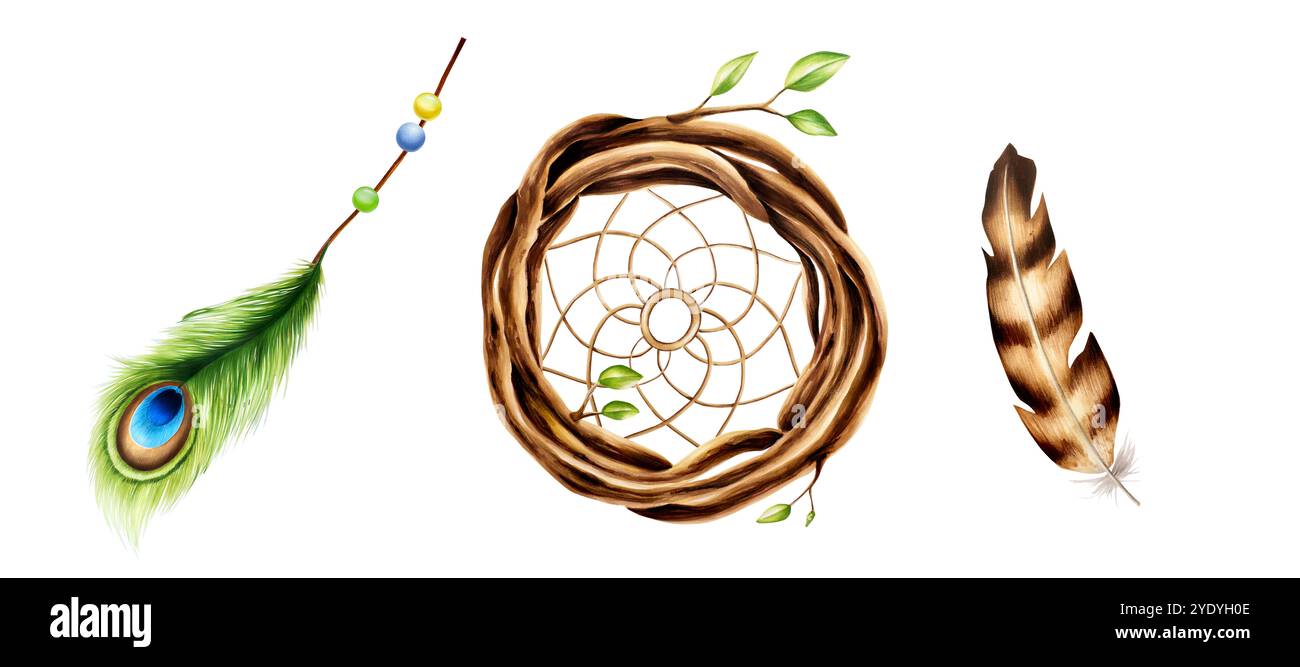 Illustration of ethnic wooden dream catcher pendant, wreath of twigs ...