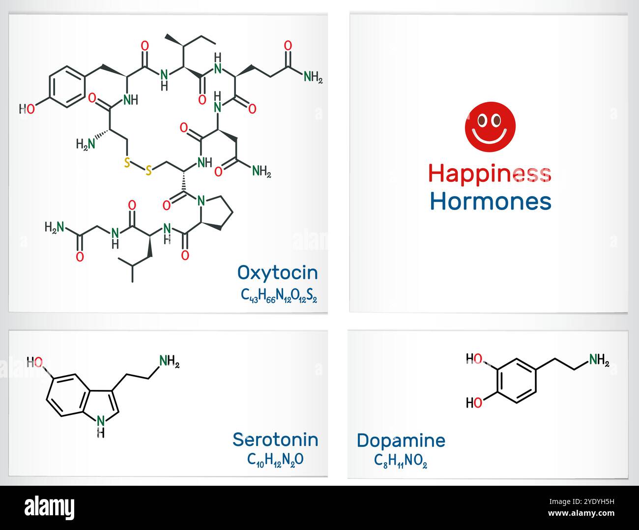 Happiness hormones. Serotonin, dopamine, oxytocin molecules. Vector ...