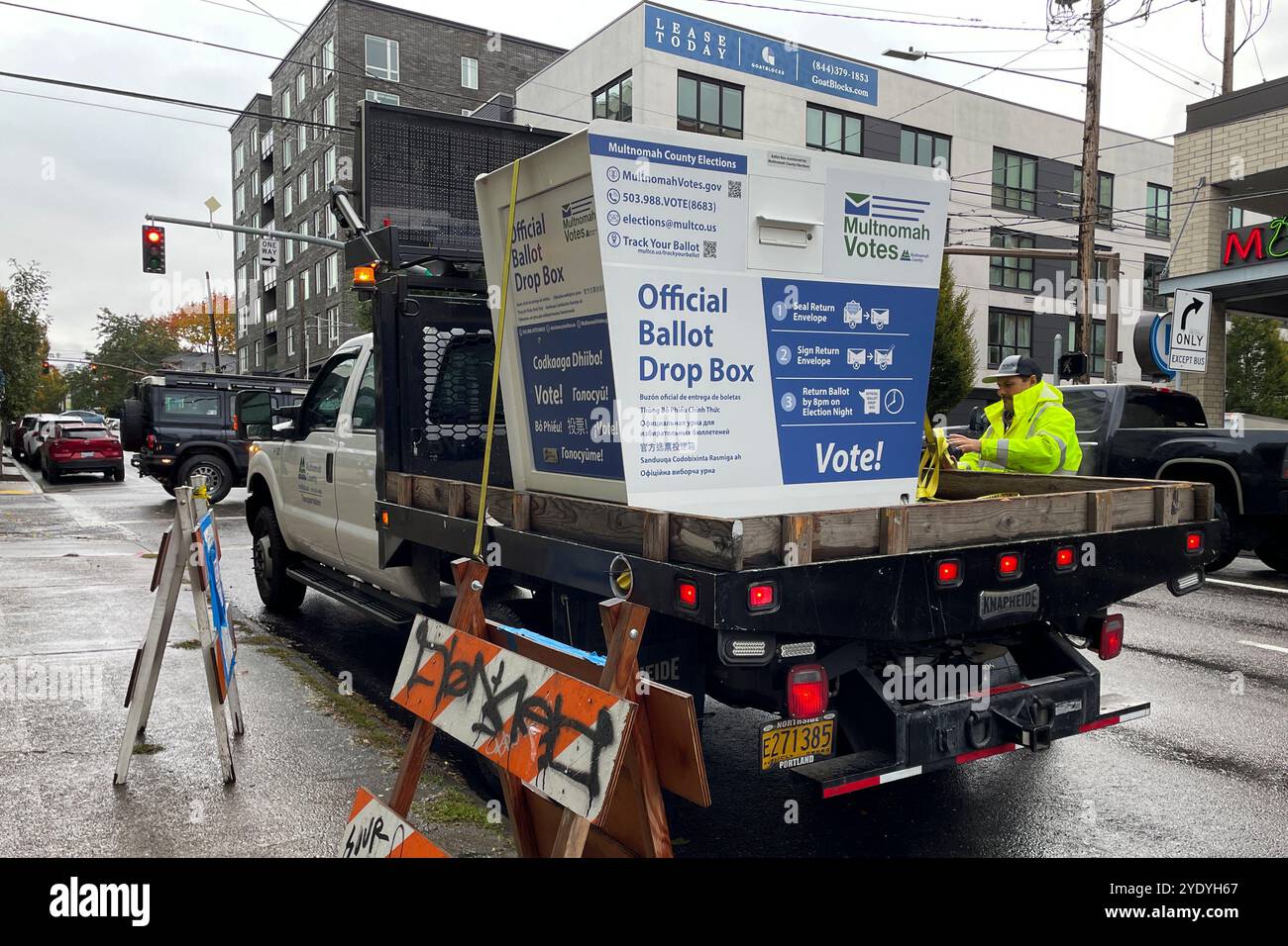 A replacement ballot drop box is unloaded on Monday, Oct. 28, 2024, in ...