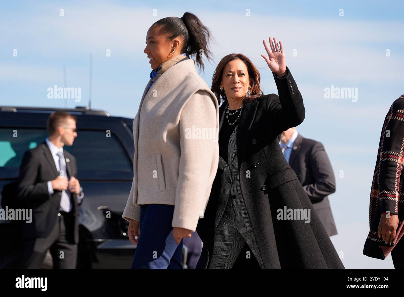 Democratic presidential nominee Vice President Kamala Harris, right, arrives with Helena Hudlin ...
