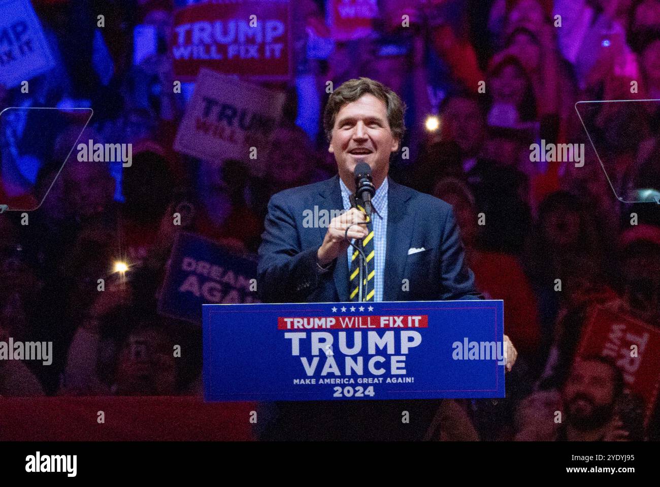 New York, United States. 27th Oct, 2024. Tucker Carlson speaks at a ...