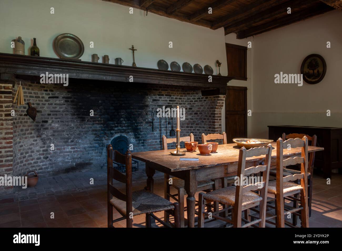Big hearth / open fireplace and dining table in 18th century farmhouse ...