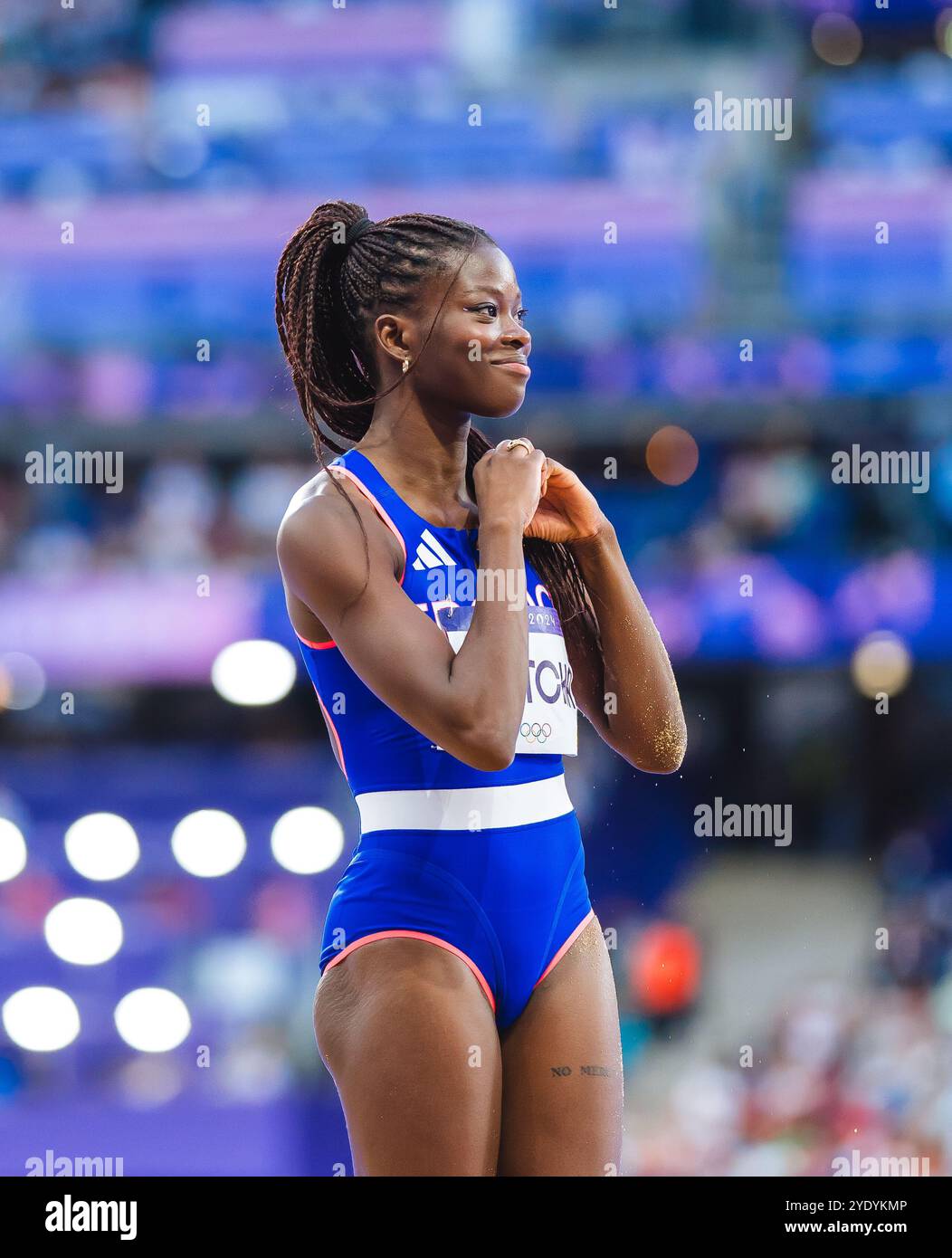Hilary Kpatcha participating in the long jump at the Paris 2024 Olympic ...