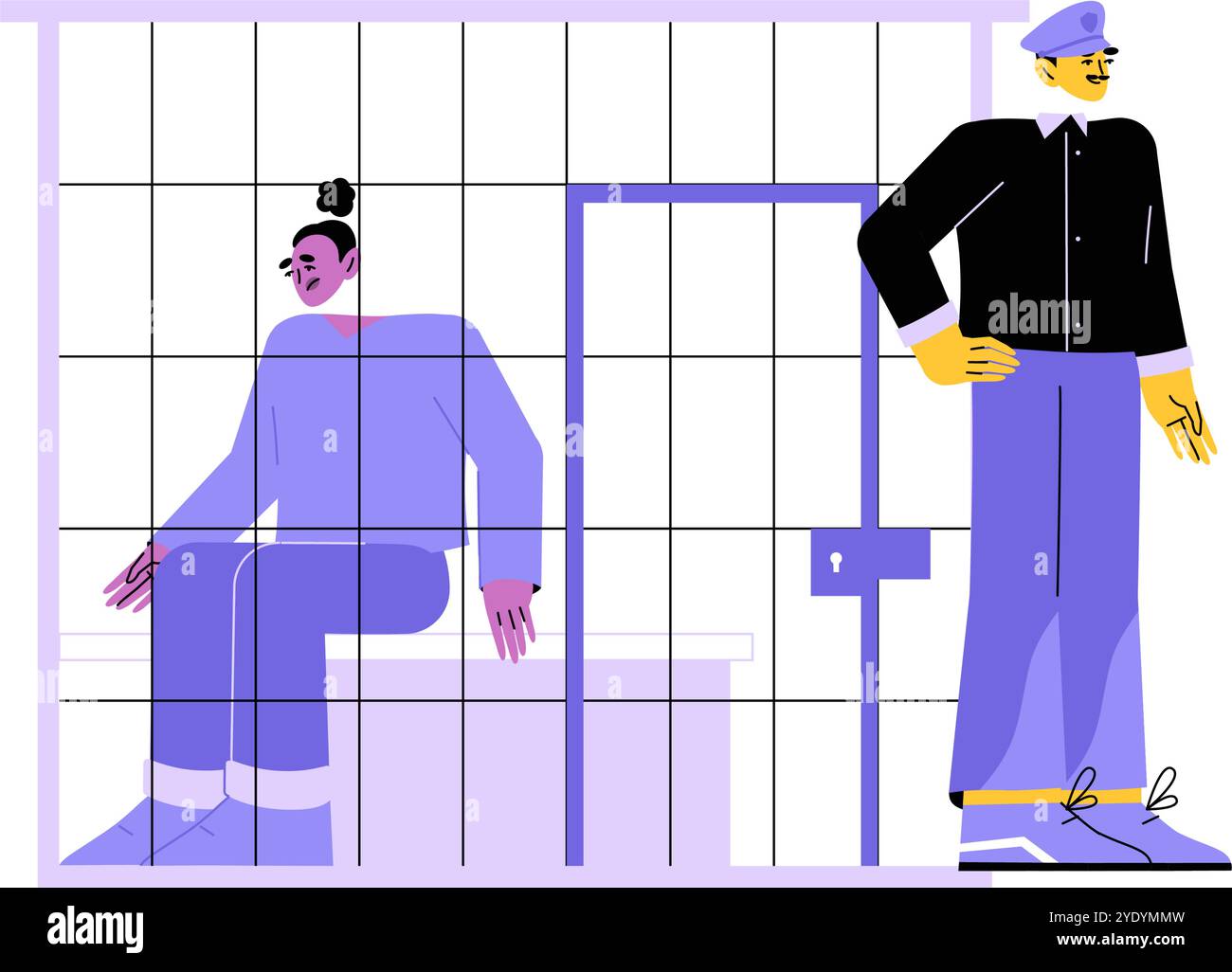 Female Inmate and Male Guard in Jail Cell in Flat Vector Illustration ...