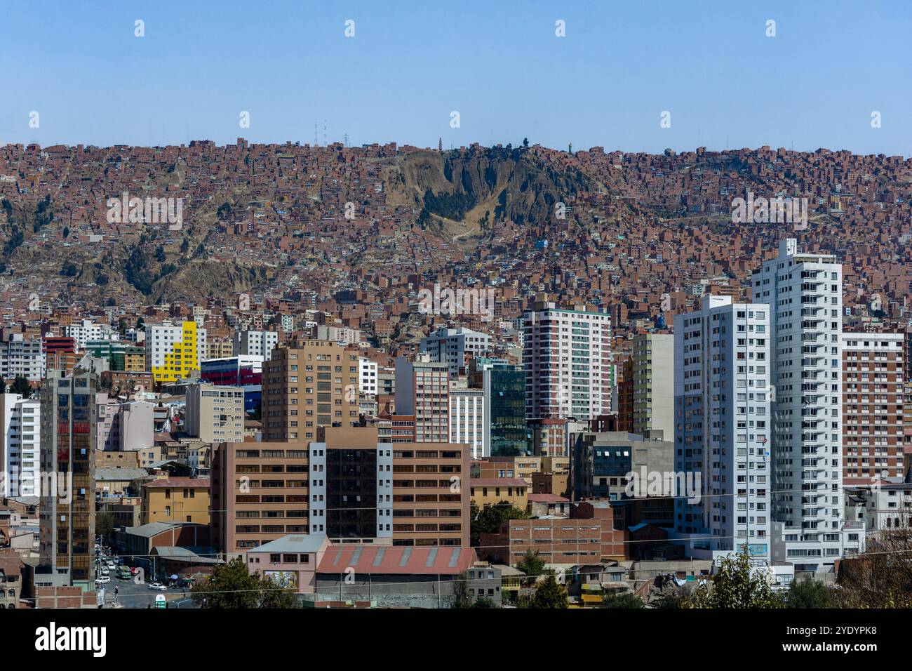 View of social contrast of La Paz, Bolivia with modern buildings of ...