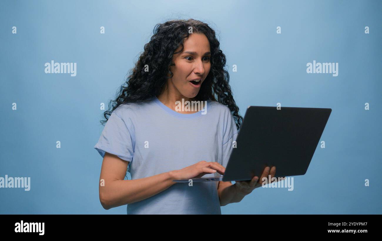 Excited woman female Latino student girl Hispanic user business win ...