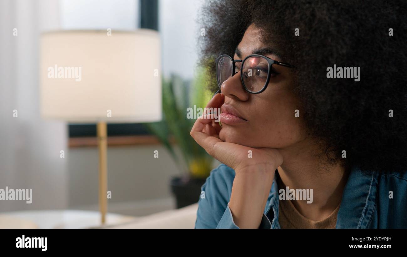 Close up sad pensive boring female portrait at home ethnic upset ...