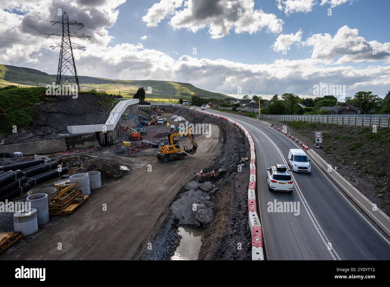 Traffic flows on a temporary carriageway during widening of the A465 ...