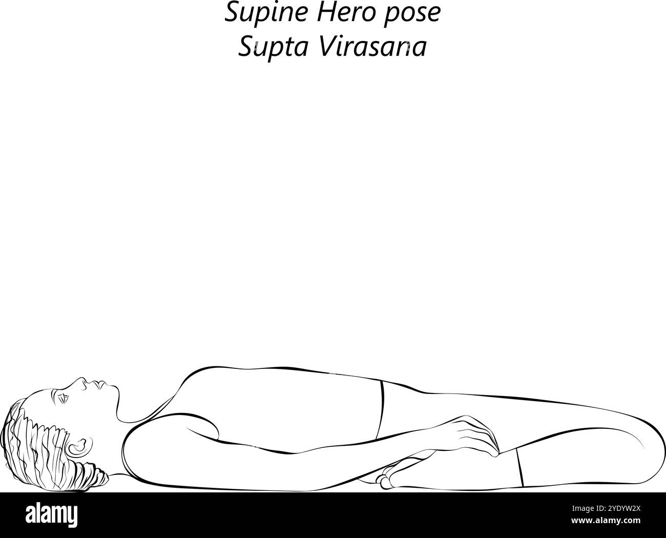 Sketch of young woman practicing Supta Virasana yoga pose. Supine Hero ...