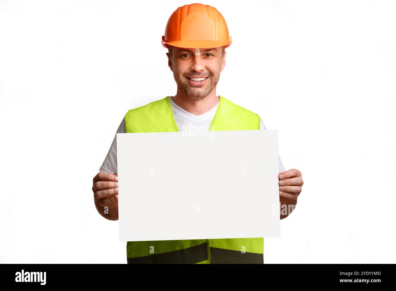 Construction Worker Showing Empty Poster Board Standing On White ...
