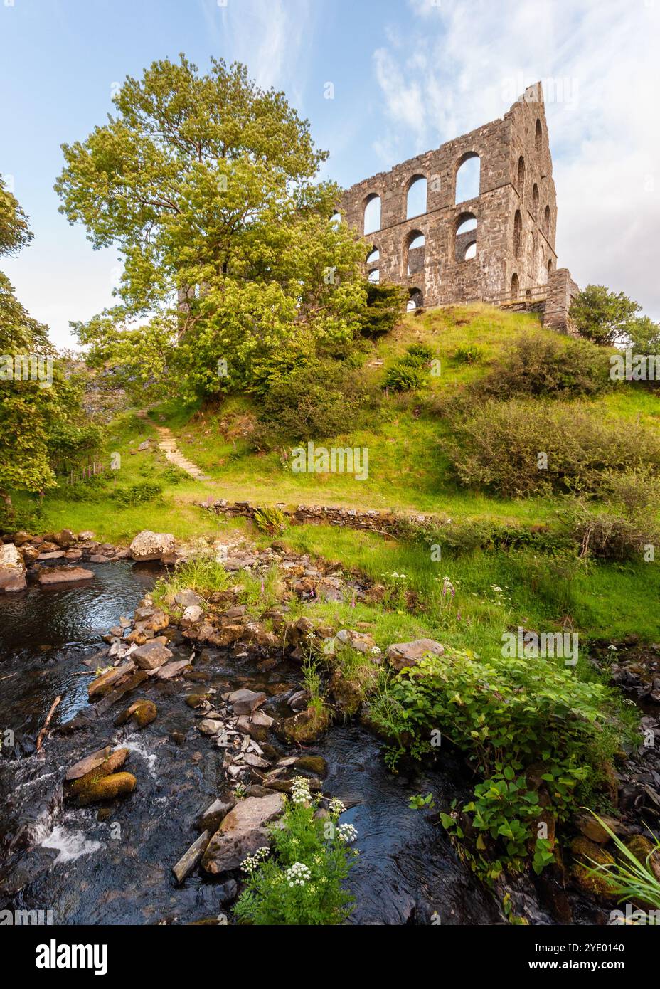 The ruins of Ynysypandy slate mill stand above the Afon Henwy river in ...