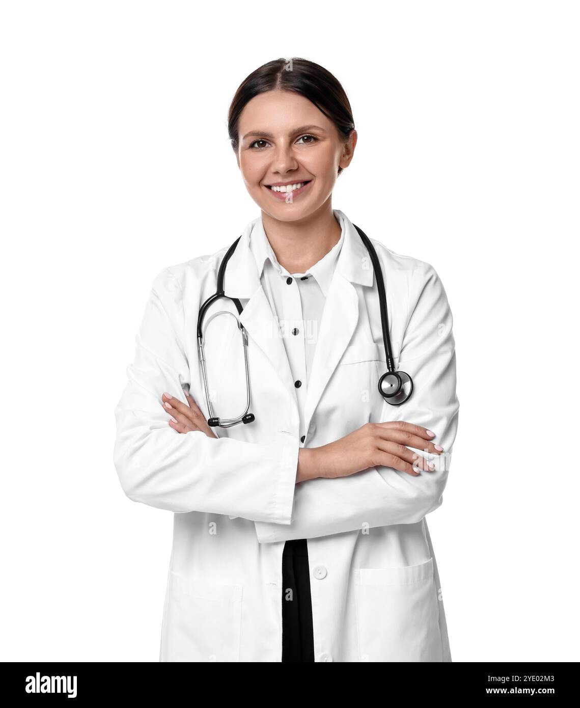 Smiling healthcare worker with stethoscope on white background Stock ...