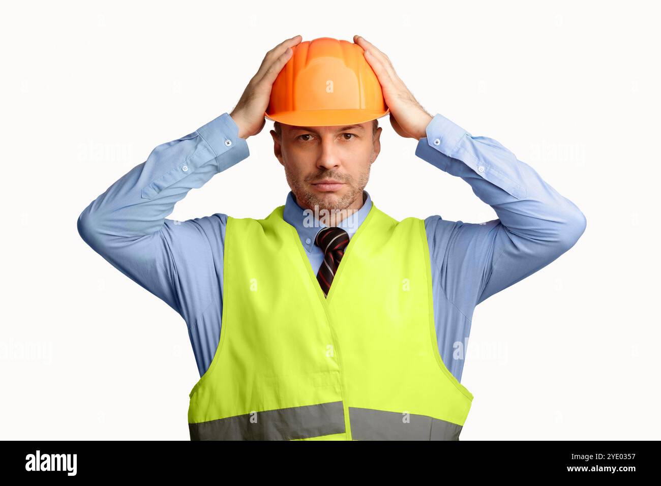 Construction Worker Wearing Hardhat Helmet Standing On White Studio ...