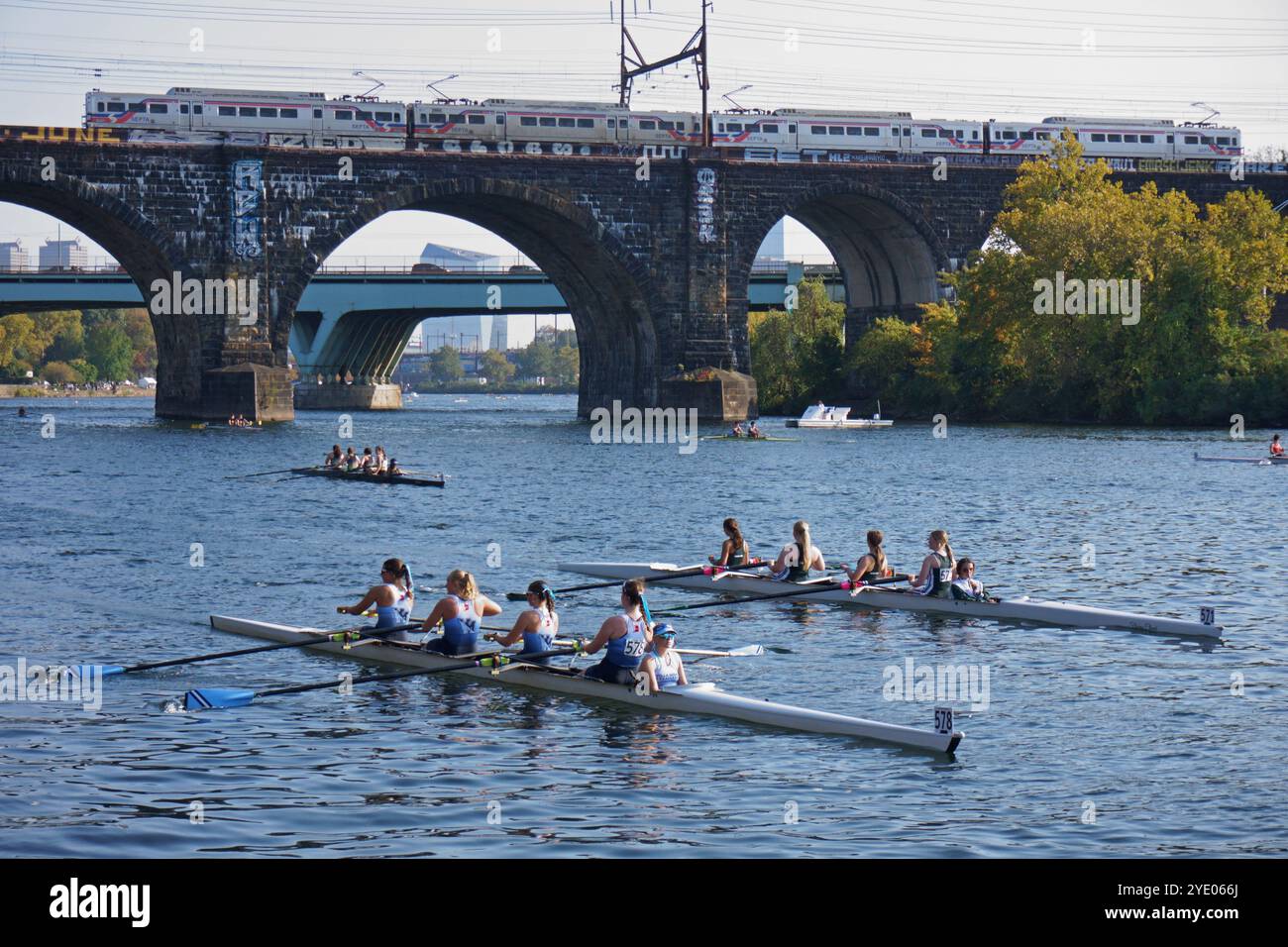 A SEPTA regional rail train passes over the Pennsylvania Railroad ...