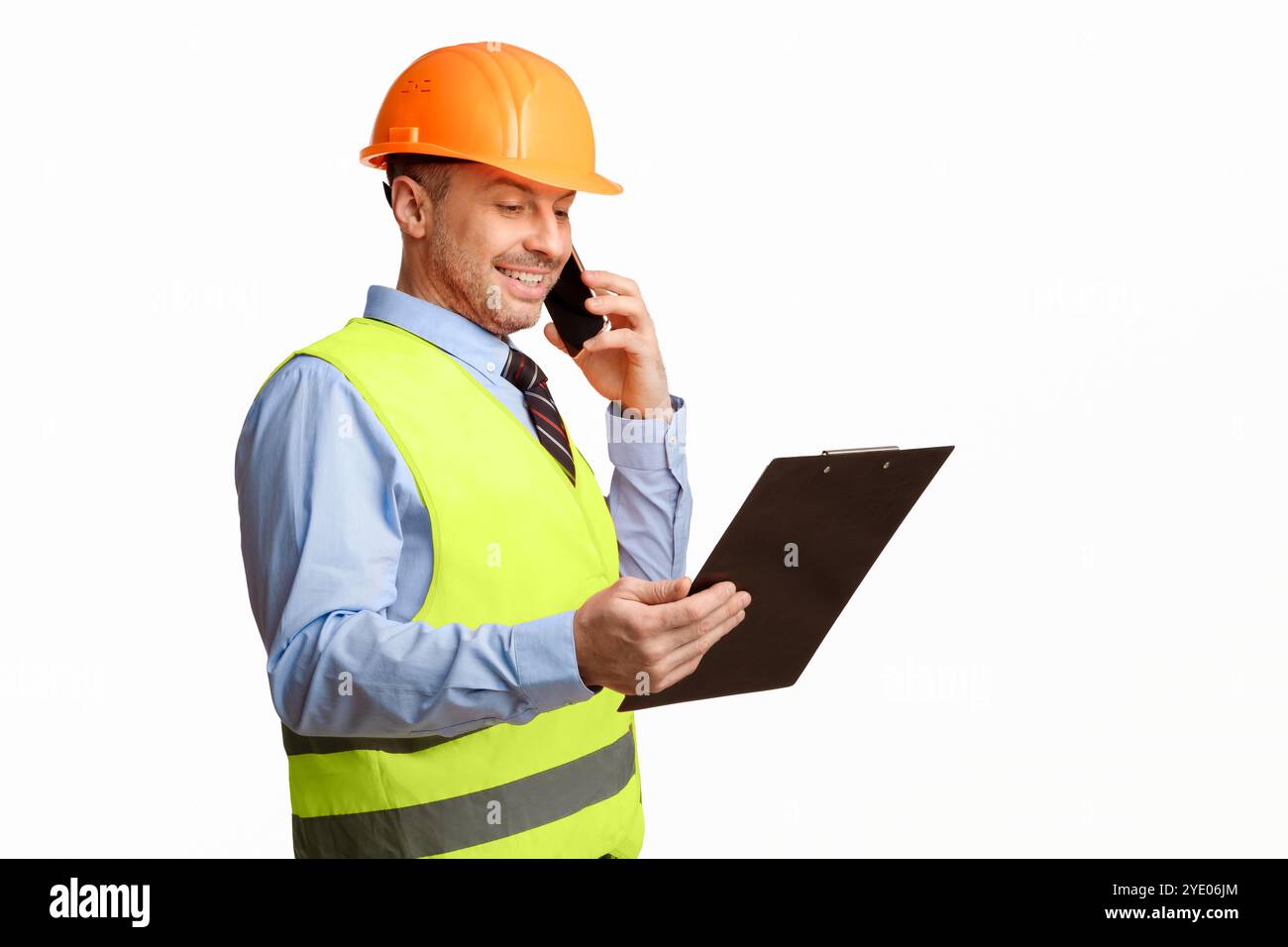 Construction Worker Talking On Phone Holding Folder Over White ...