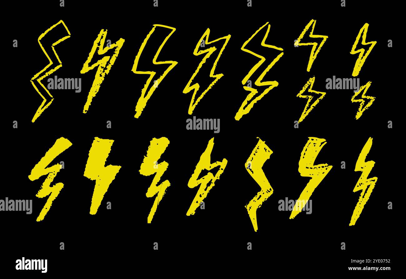 Set of lightning by wax pencil drawing. Collection of handdrawing chalk ...